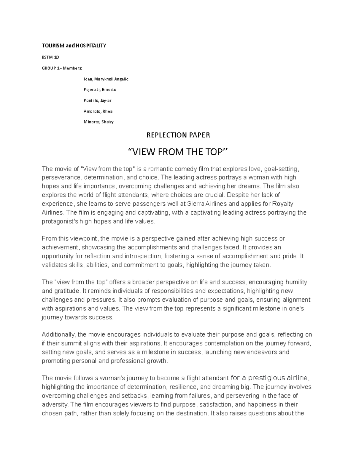 Reflection Paper - studying hard - TOURISM and HOSPITALITY BSTM 1D ...