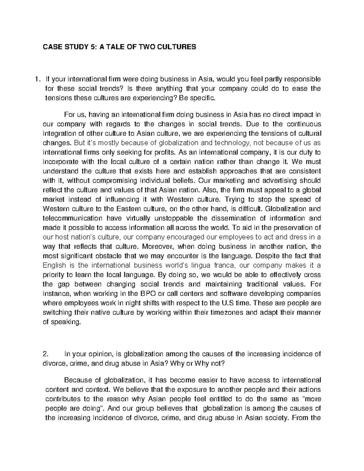 Case Study on A Tale of Two Cultures - CASE STUDY 5: A TALE OF TWO ...