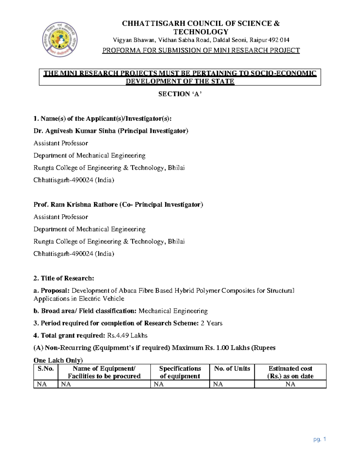 Revised Proforma of MRP Proposal 20-06-2022 - CHHATTISGARH COUNCIL OF ...
