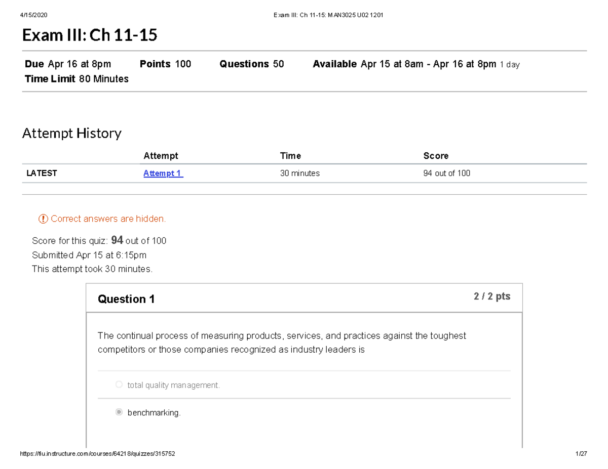 Exam III Ch 11-15 MAN3025 U02 1201 - Exam III: Ch 11- Due Apr 16 at 8pm ...
