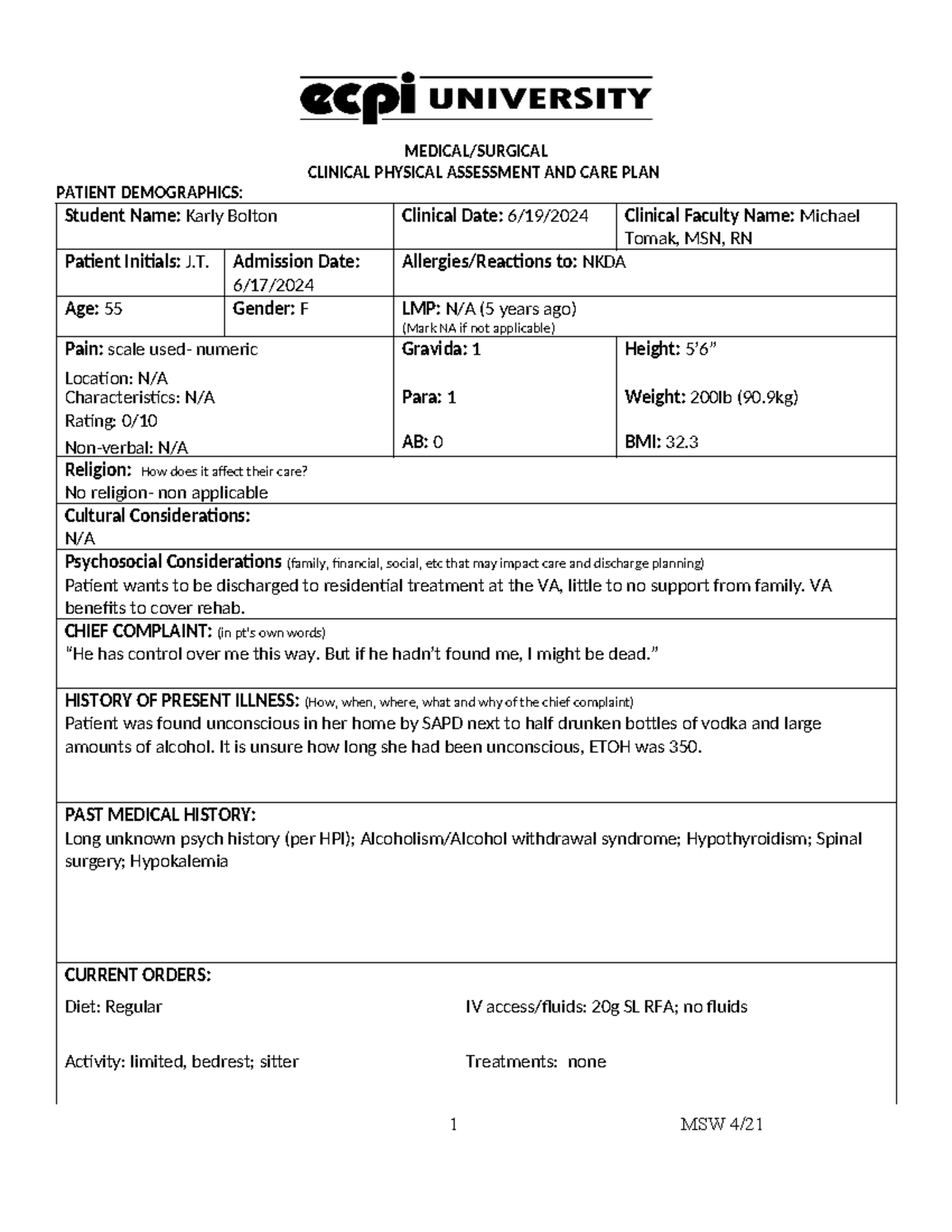 Med Surg Careplan PCU - MEDICAL/SURGICAL CLINICAL PHYSICAL ASSESSMENT ...