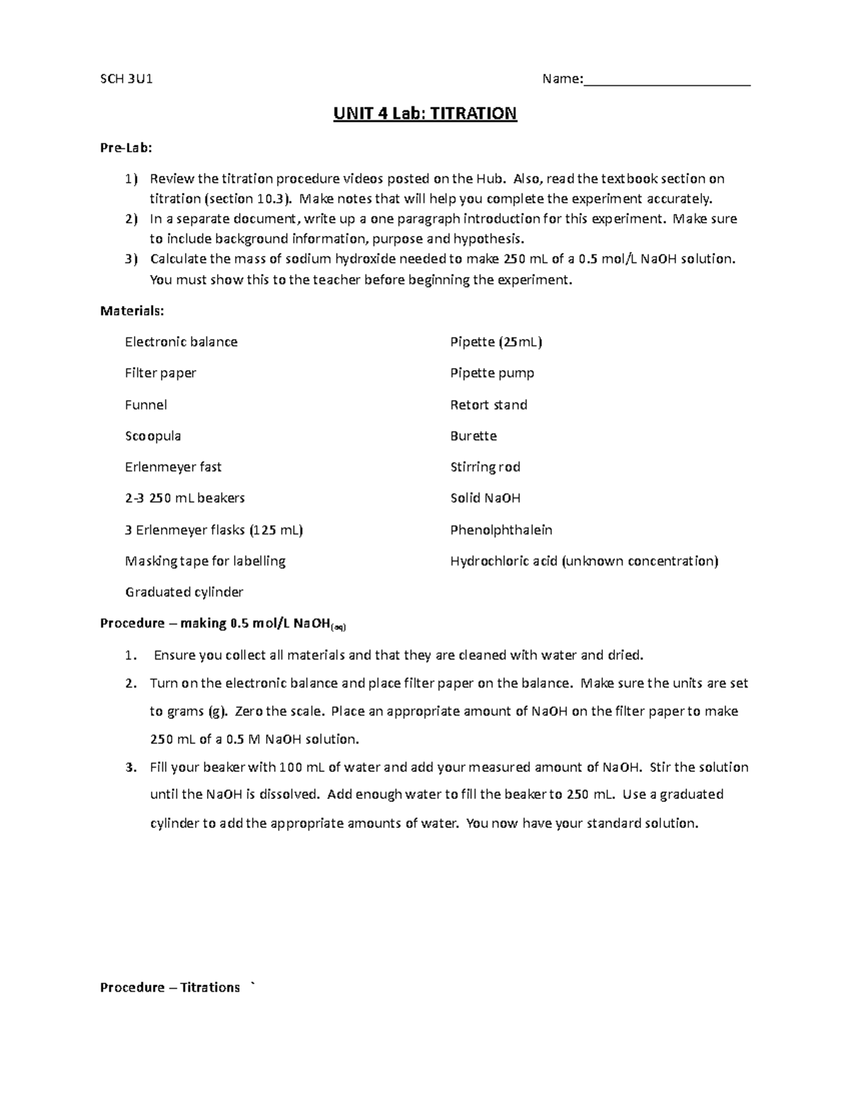 UNIT 4 Lab titration - SCH 3U1 Name:______________________ UNIT 4 Lab: TITRATION Pre-Lab: 1 ...