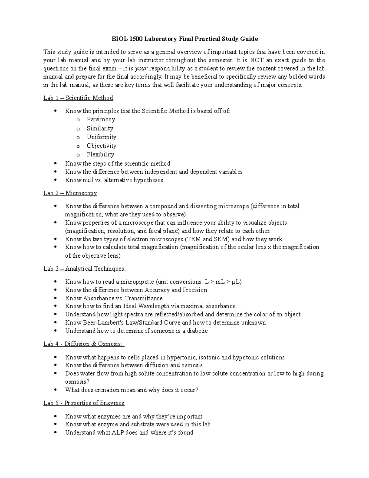 Study Wuddy for the Basics - BIOL 1500 Laboratory Final Practical Study Guide This study guide ...
