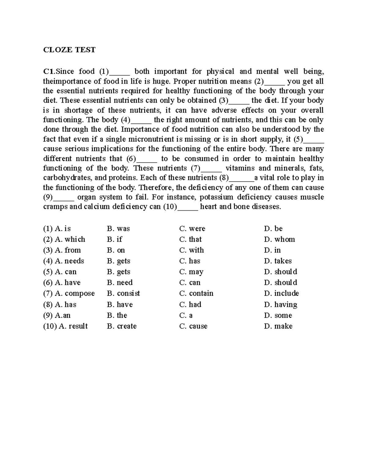 Cloze TEST - Tiếng anh - CLOZE TEST C1 food (1)_____ both important for ...