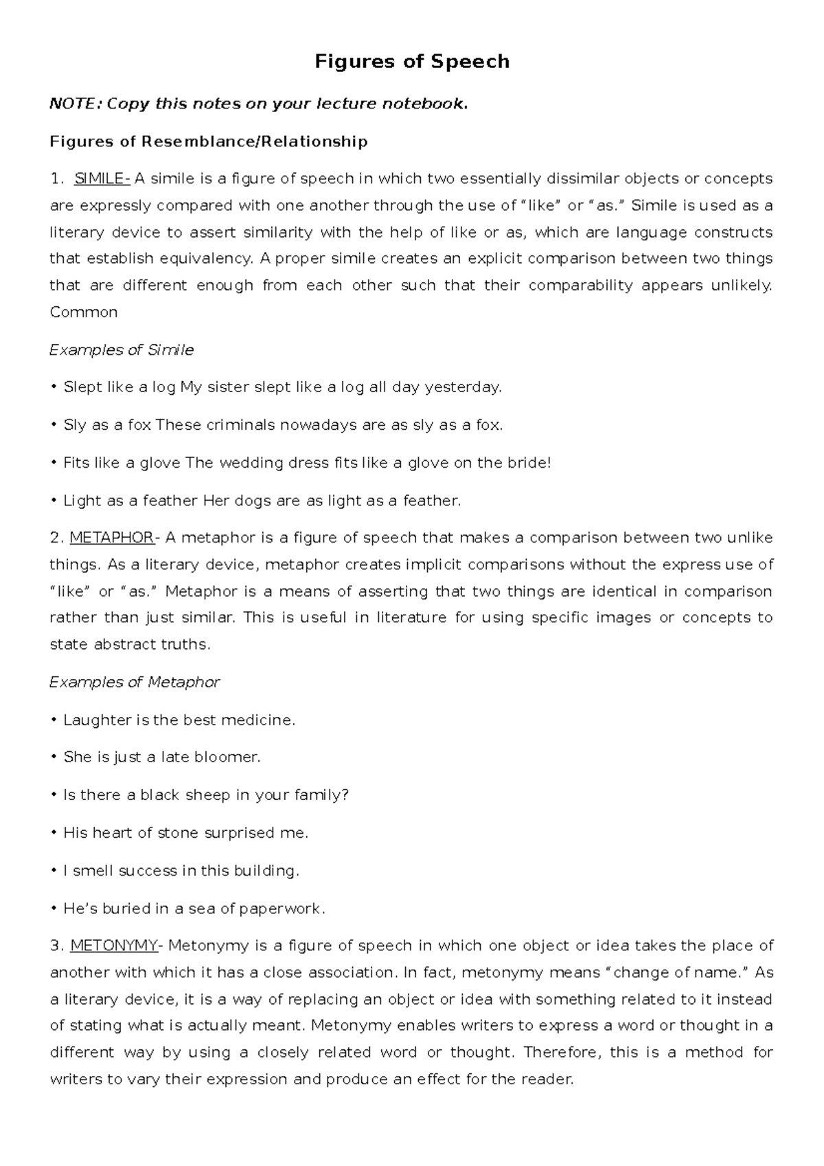 Notes and Activity on Figures of Speech - Figures of Speech NOTE: Copy ...