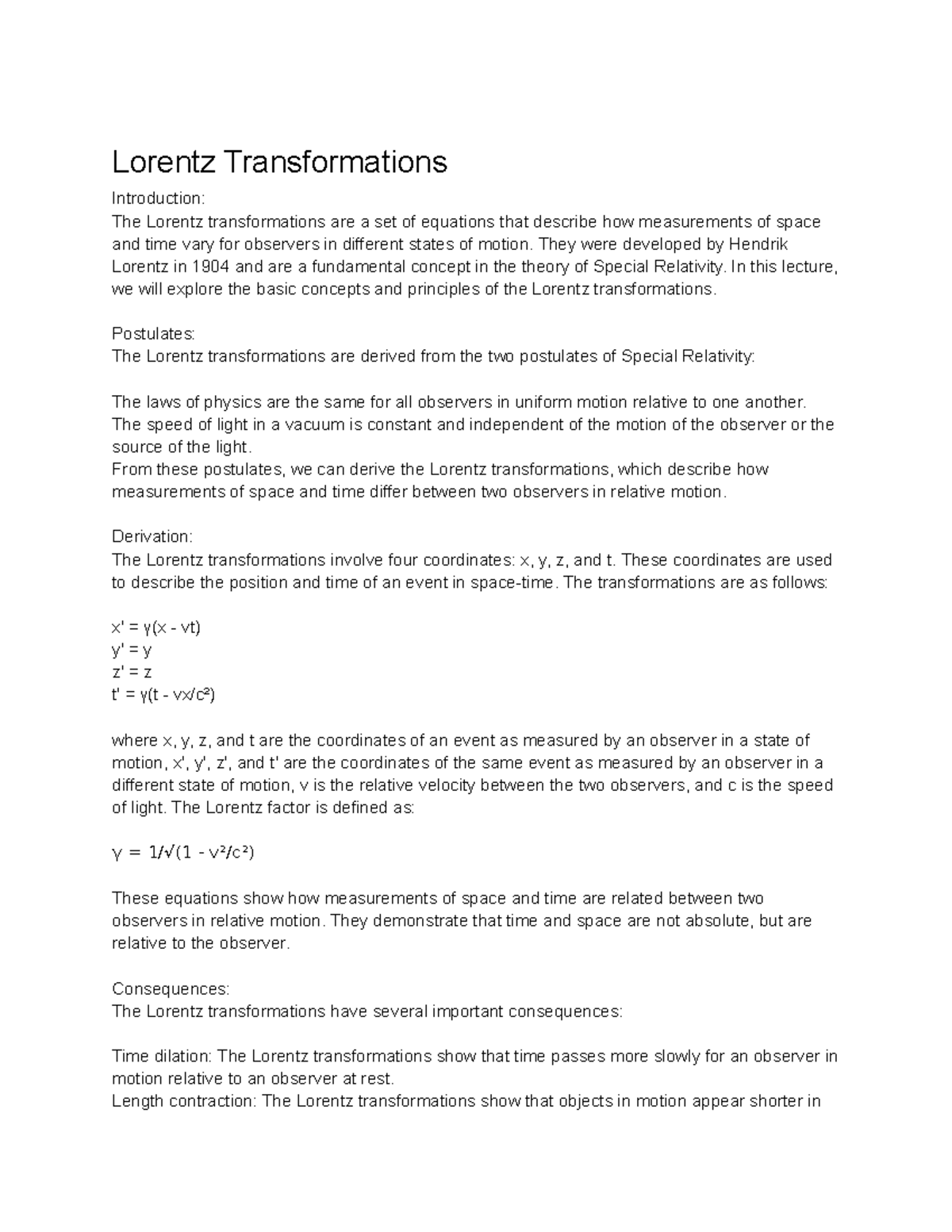 General Physics Iii Phy 2040 Lecture 2 Lorentz Transformations Lorentz Transformations