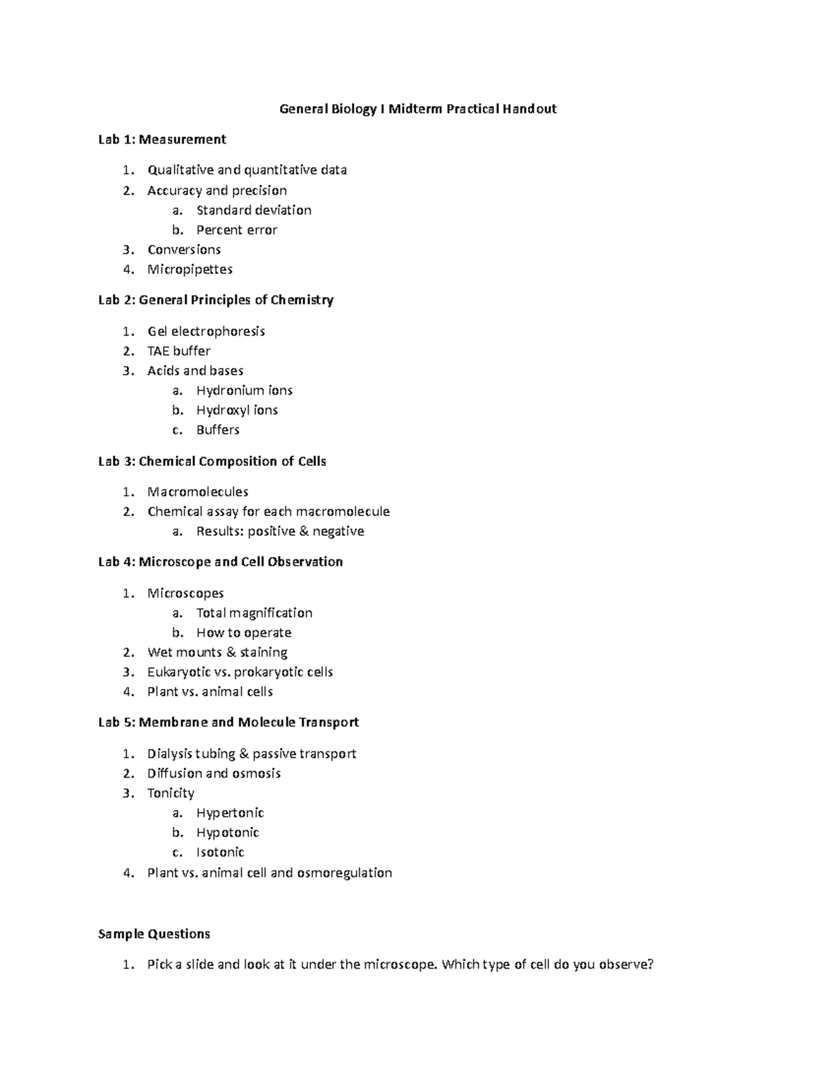 Midterm Practical Study Guide - General Biology I Midterm Practical ...