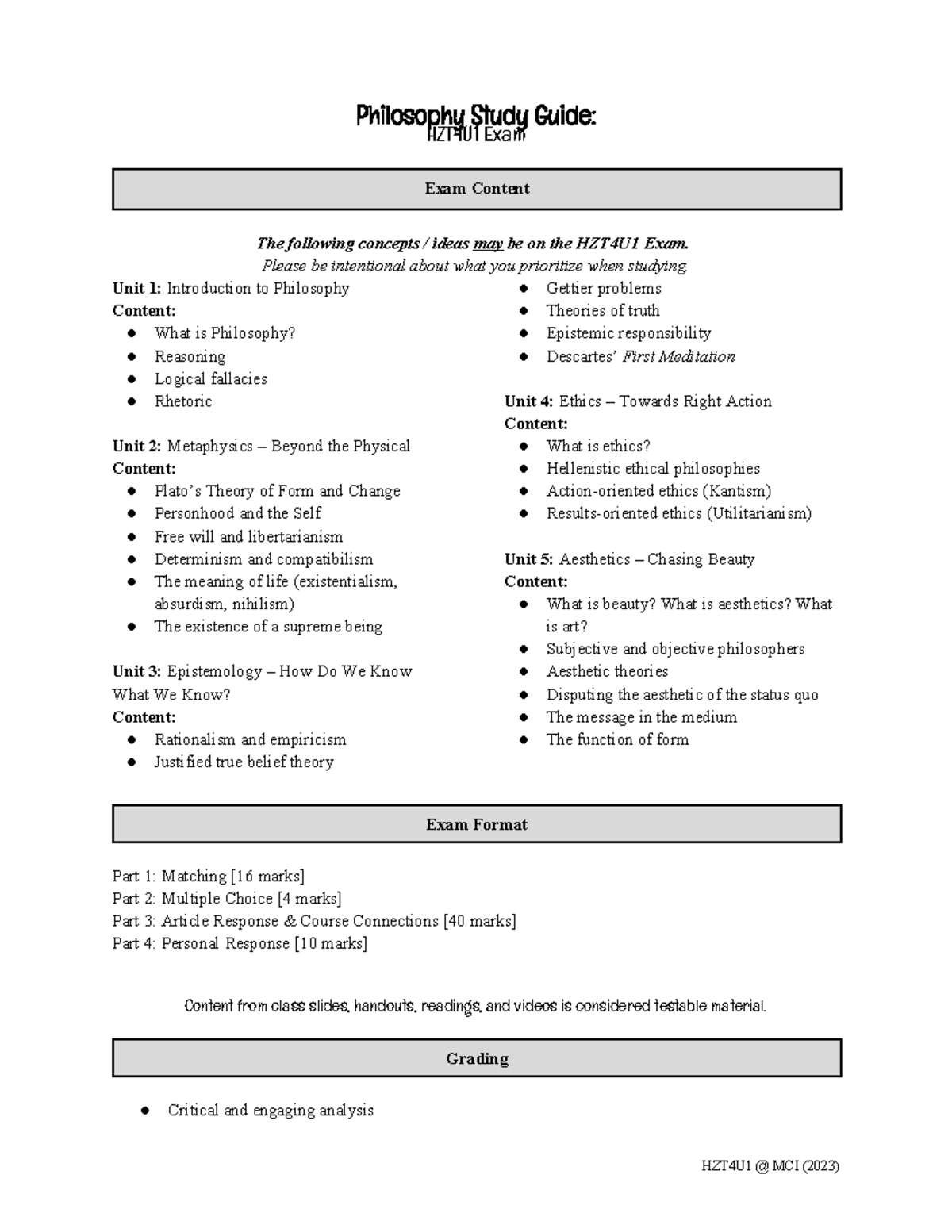Exam Study Guide - Course outline - Philosophy Study Guide: HZT4U1 Exam ...