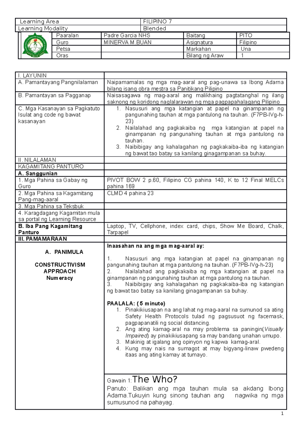 COT-2- Es P - Classroom observation for EsP9 - Learning Area FILIPINO 7 ...