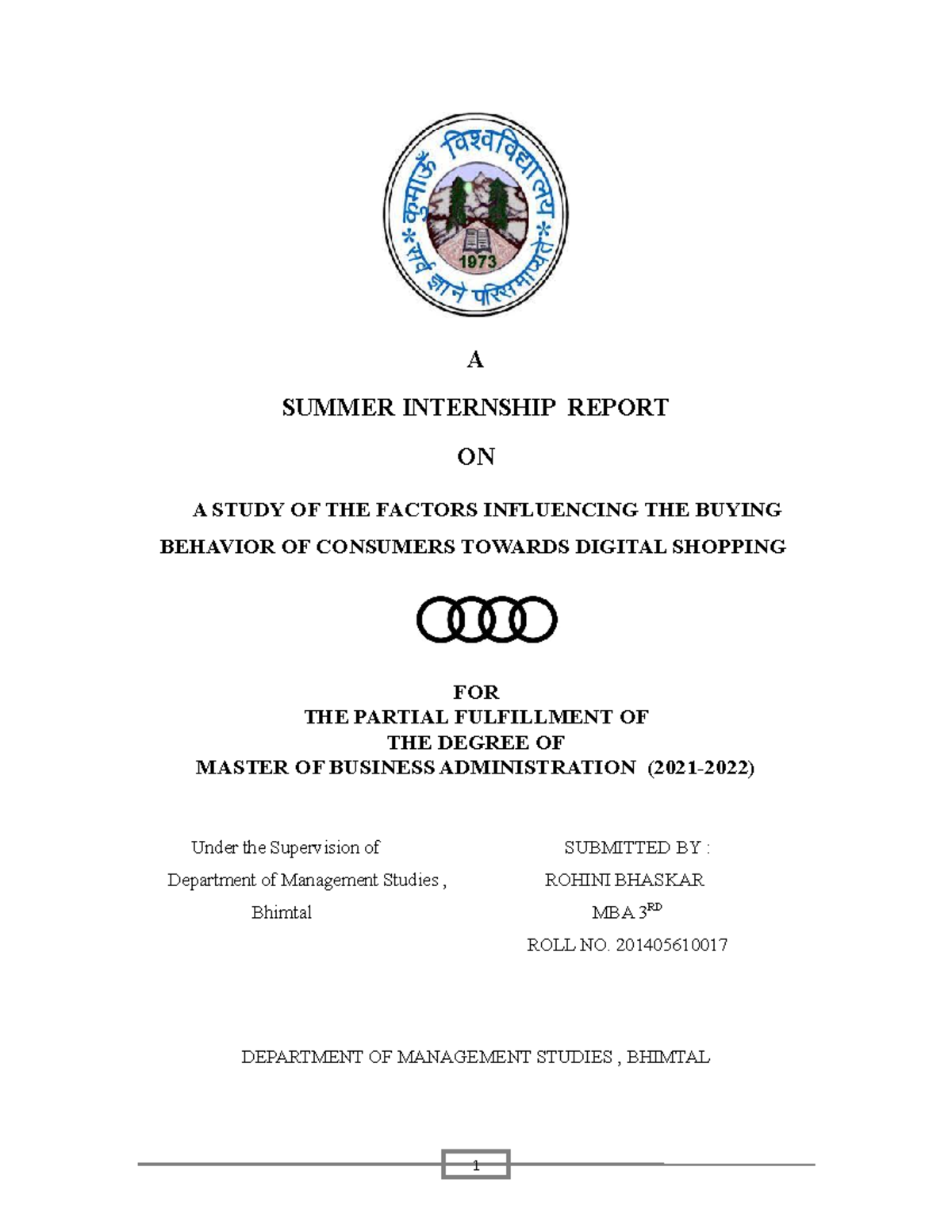 Rohini bhaskar internship report - A SUMMER INTERNSHIP REPORT ON A ...