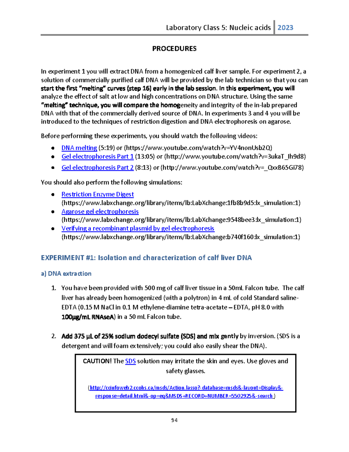 BCH2333 L5 Procedures - Lab 5 DNA extraction - PROCEDURES In experiment ...
