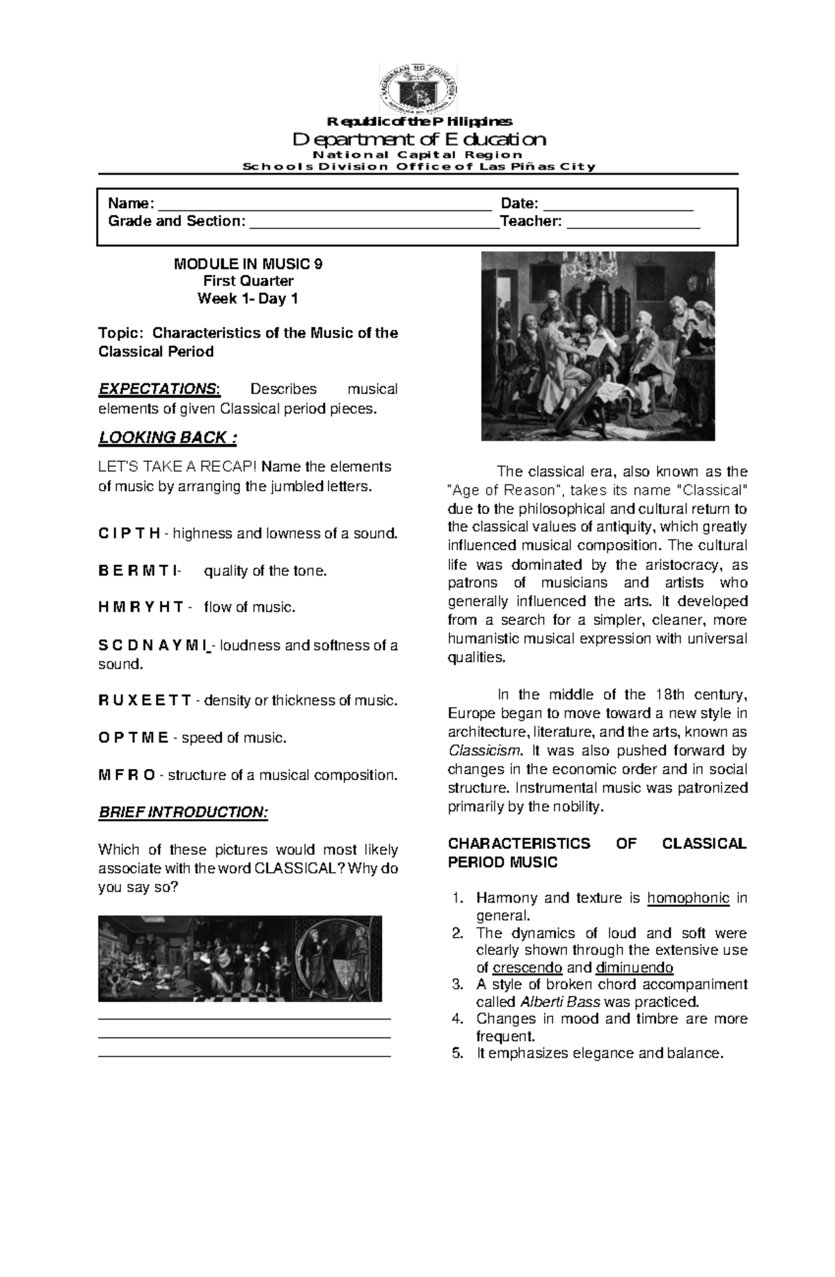 Music-9-2nd-Qtr-Module - MODULE IN MUSIC 9 First Quarter Week 1- Day 1 ...