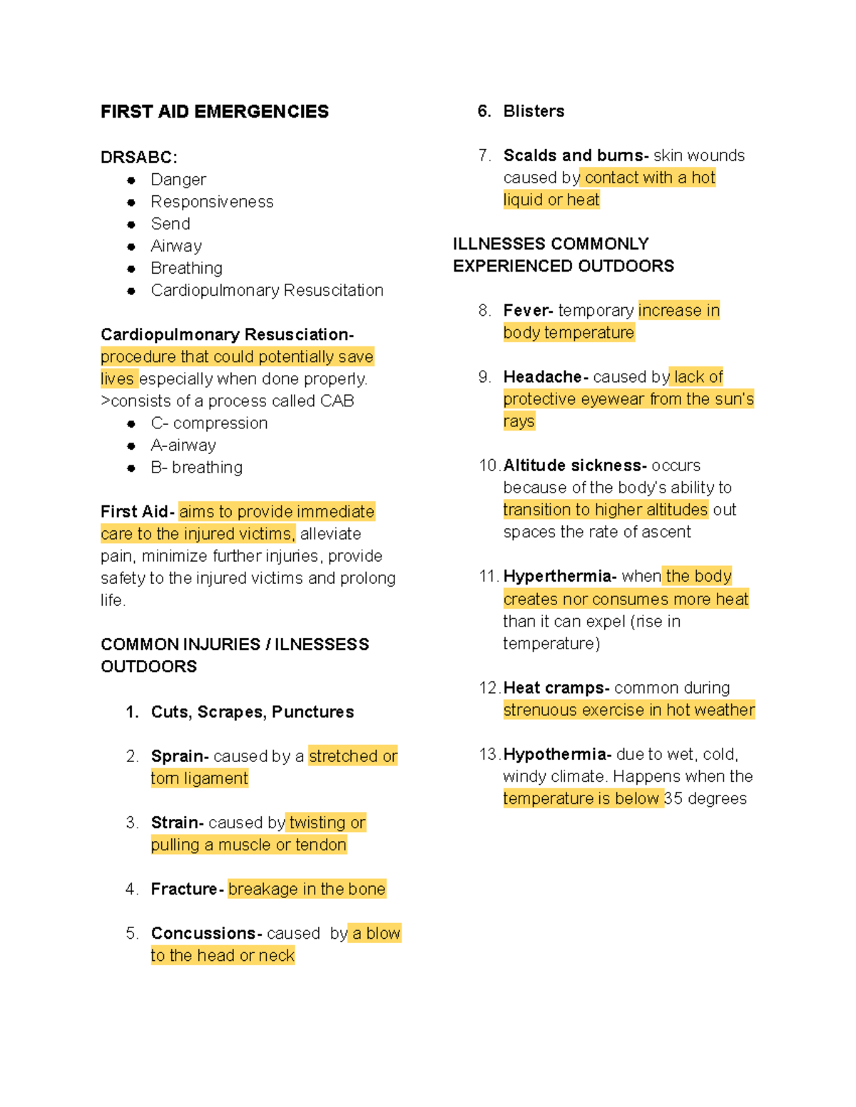 P.E Environmental Notes - FIRST AID EMERGENCIES DRSABC: Danger ...