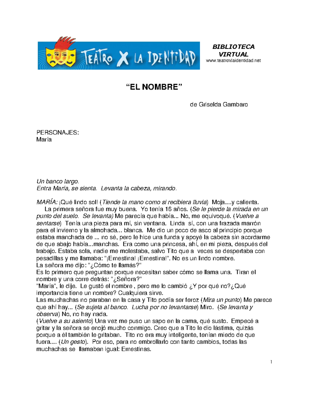 El nombre - Griselda Gambaro - TEATRO - MONOLOGO - teatroxlaidentidad ...