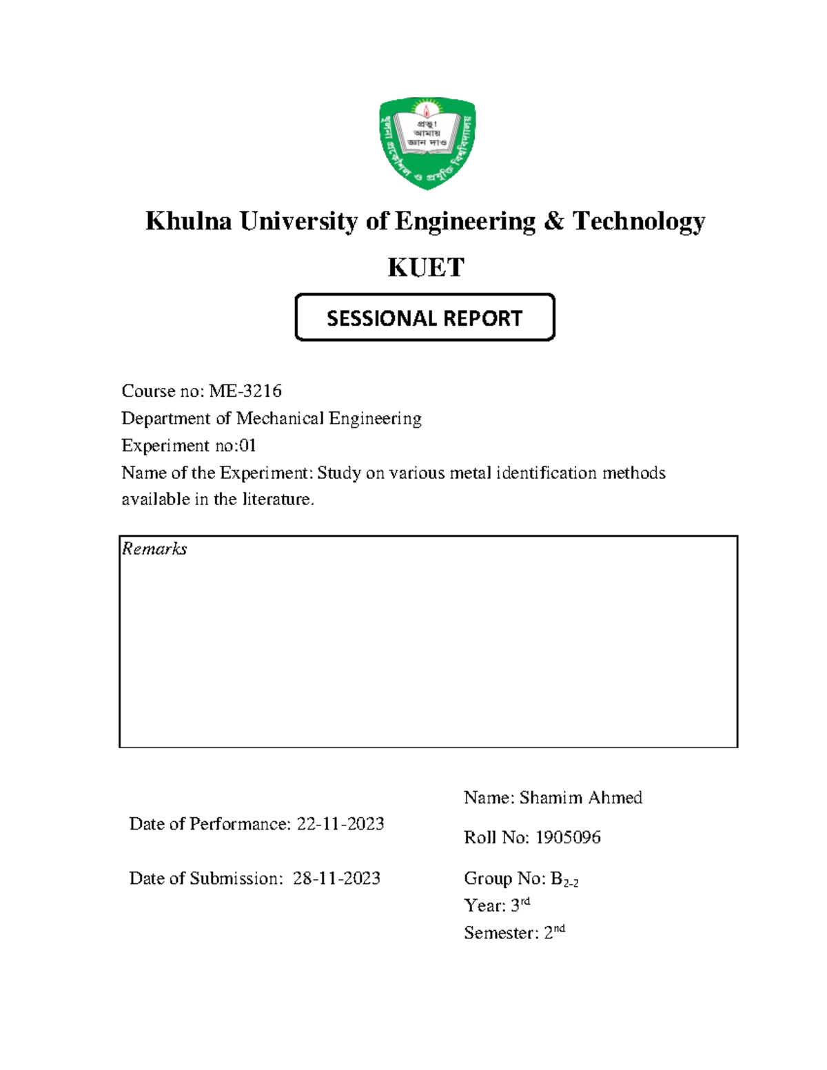 1905096 Exp 1 - Khulna University of Engineering & Technology KUET ...