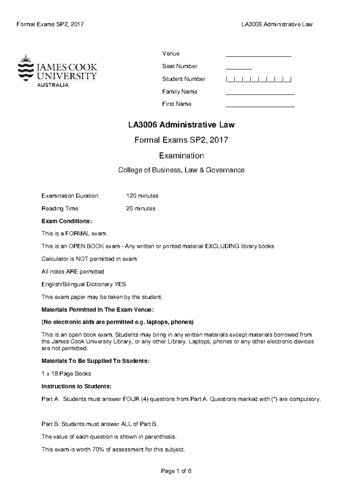 Administrative Law - 2017 - SP2 - Examination for LA3006 - LA3006 ...