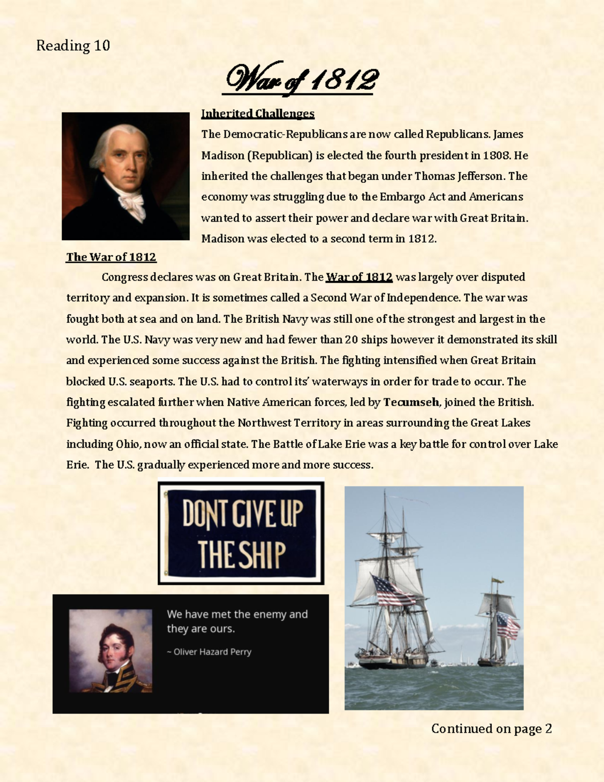 War of 1812 - The war of 1812 notes - Reading 10 War of 1812 Inherited ...