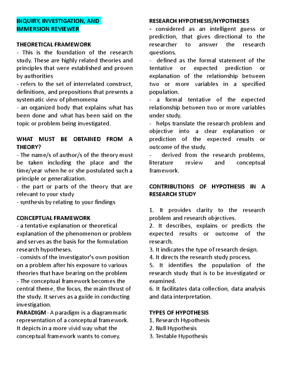 3 I's Reviewer - reference/review material only - INQUIRY, INVESTIGATION, AND IMMERSION REVIEWER ...