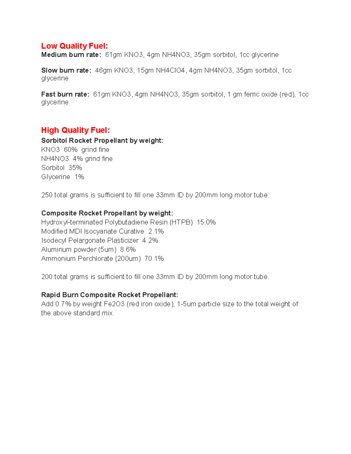 Research - ygkjl - Low Quality Fuel: Medium burn rate: 61gm KNO3, 4gm ...