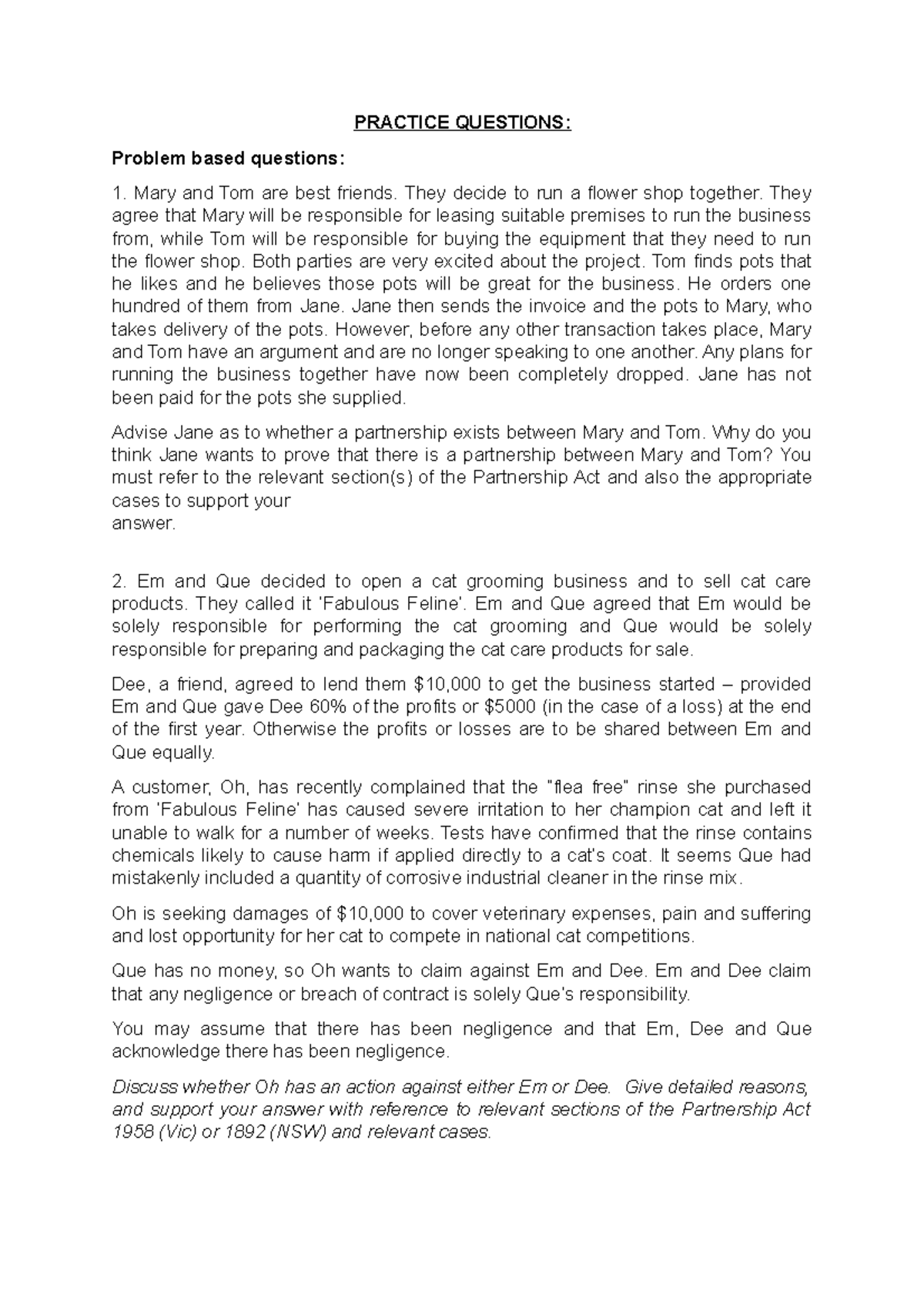 Sample/practice exam 2019, questions - PRACTICE QUESTIONS: Problem ...