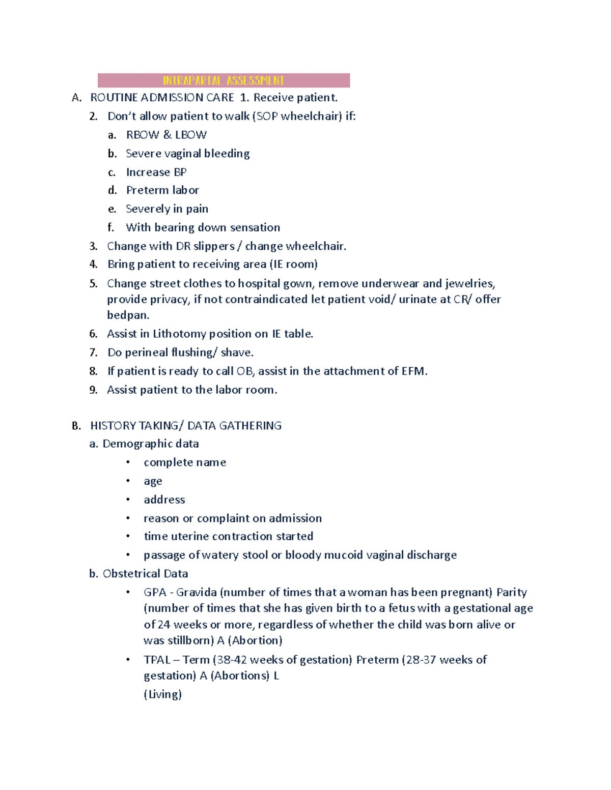 Routine Admission CARE 1 - A. ROUTINE ADMISSION CARE 1. Receive patient ...