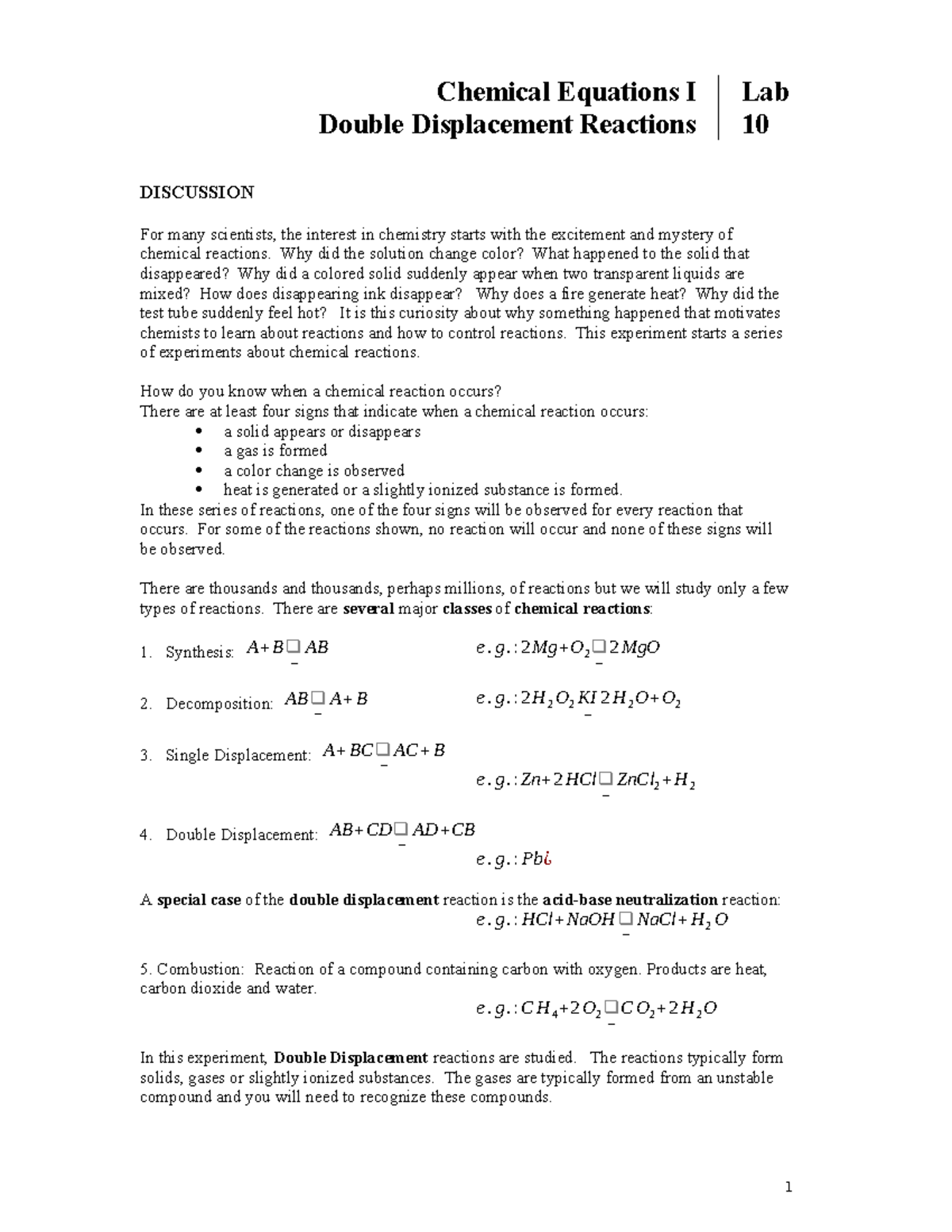 Chem 10 Lab 10-Chemical Equation I-1 - Chemical Equations I Double Displacement Reactions Lab 10 ...