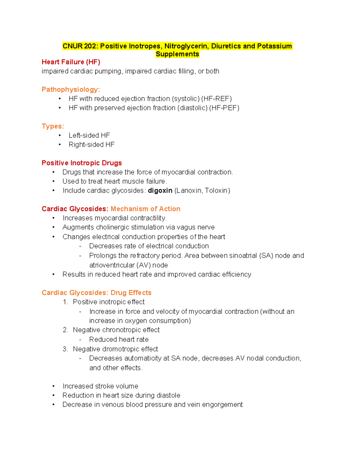 CNUR 202 unit 10 - 202 - CNUR 202: Positive Inotropes, Nitroglycerin ...