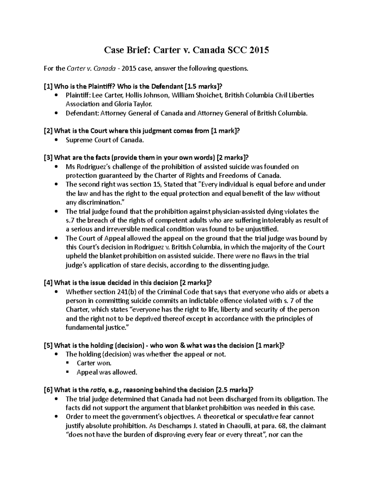 BUS 1044 - Assignment 2 Carter v. Canada - Case Brief: Carter v. Canada ...