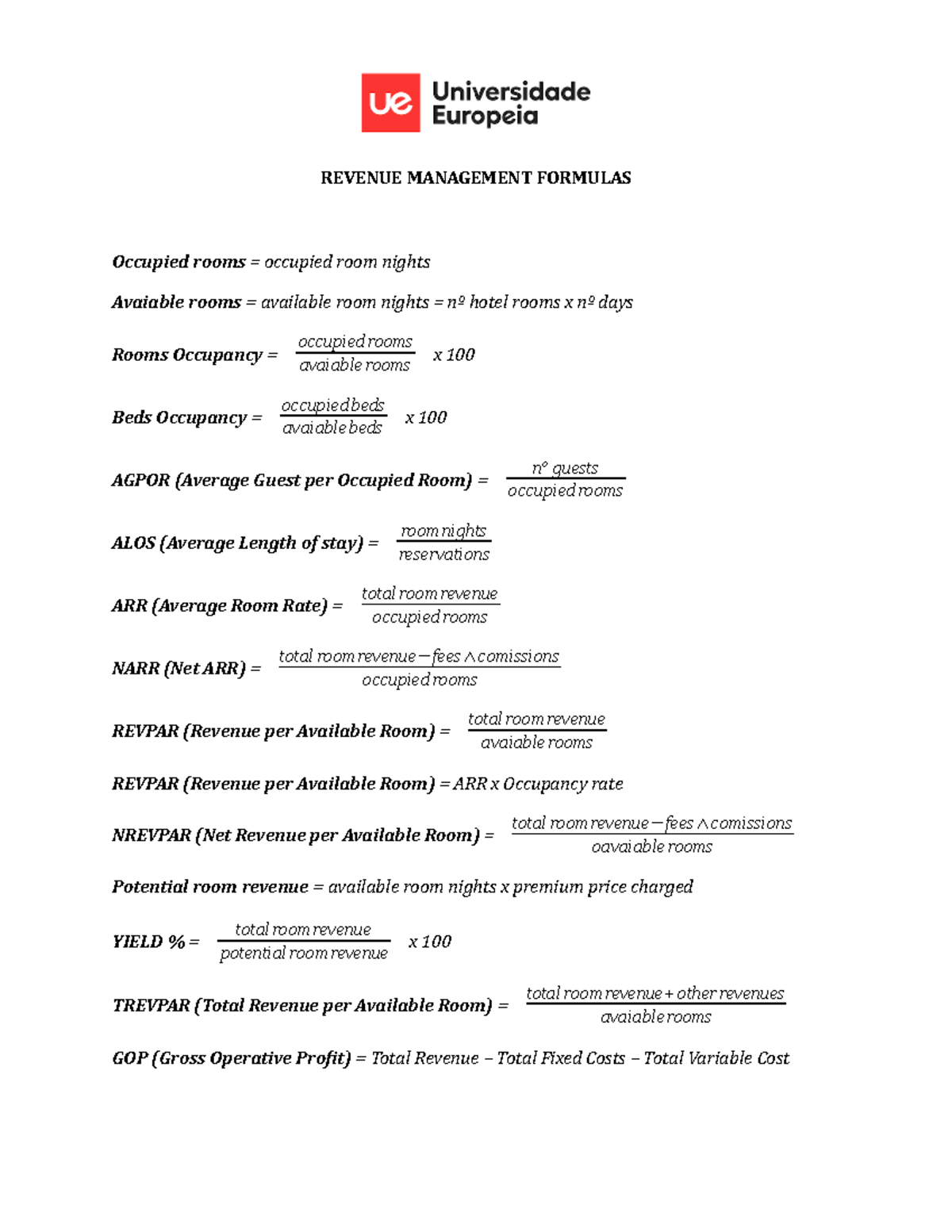Formulas (ING) - REVENUE MANAGEMENT FORMULAS Occupied rooms = occupied ...
