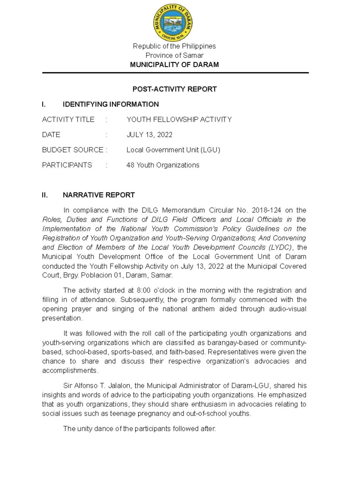 POST Activity Report Youth Fellowship Activity Republic Of The