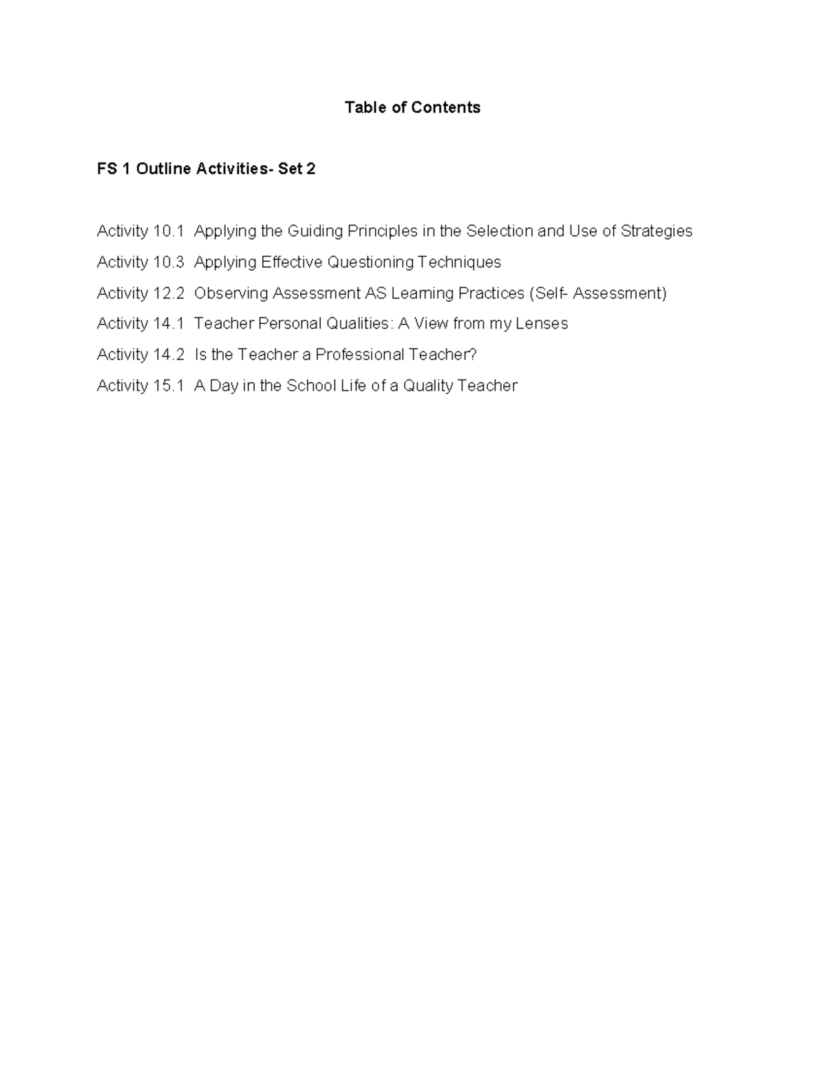 FS 1 set 2 - Table of Contents FS 1 Outline Activities- Set 2 Activity ...