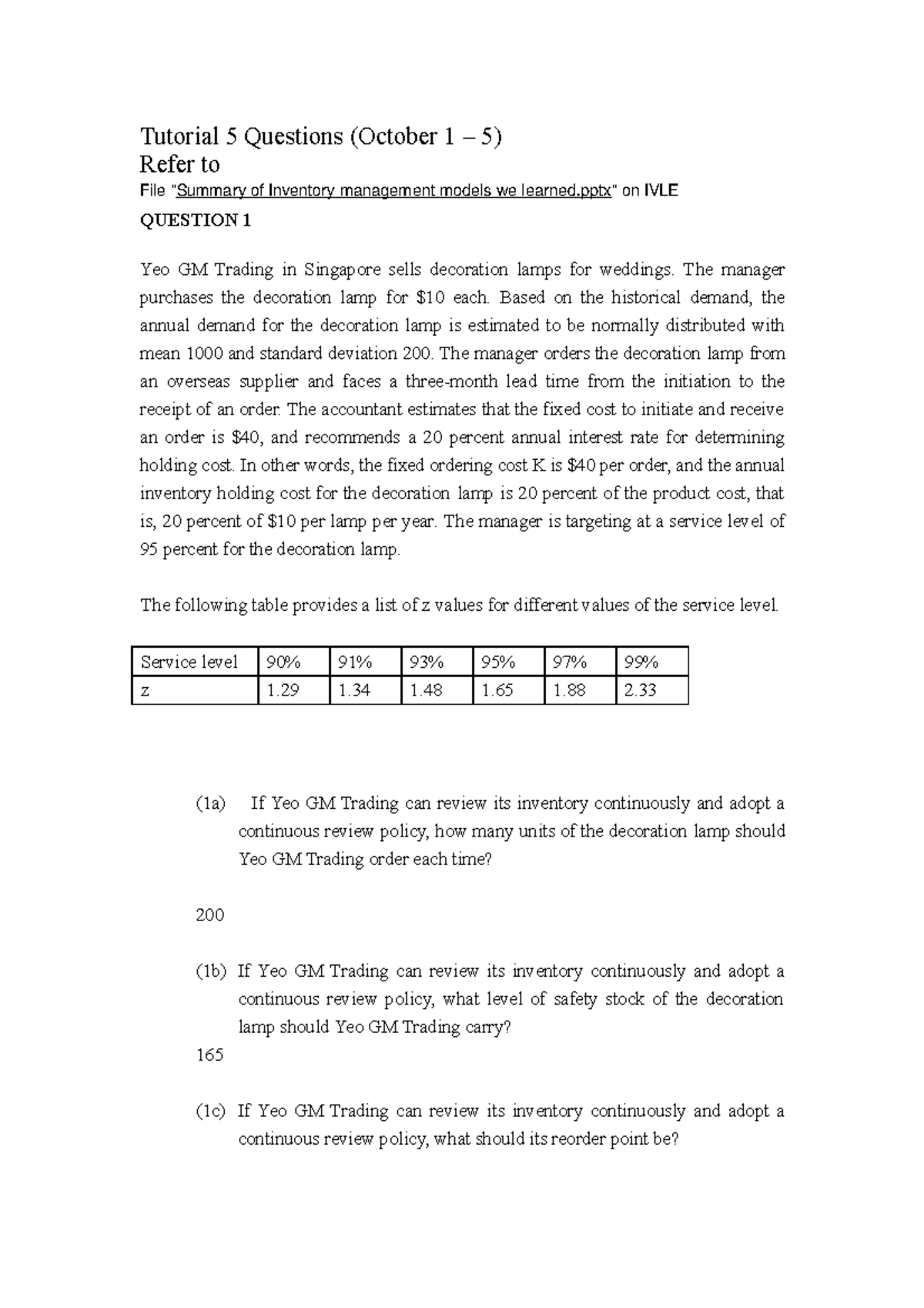 Tutorial 5 Questions - Tutorial 5 Questions (October 1 – 5) Refer to ...
