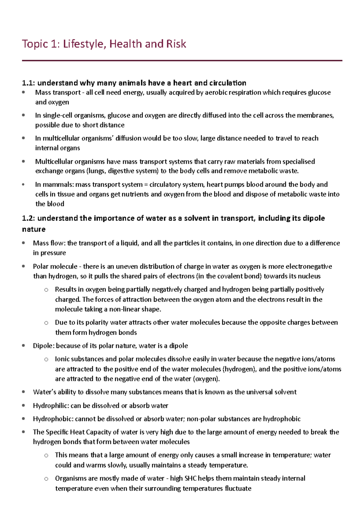 SNAB Biology - Topic 1 - Topic 1: Lifestyle, Health and Risk 1 ...
