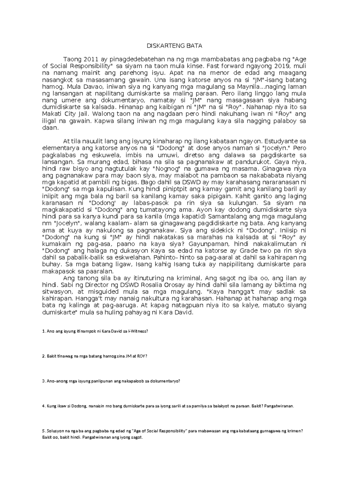 Handout-Lohikal - DISKARTENG BATA Taong 2011 ay pinagdedebatehan na ng mga mambabatas ang ...
