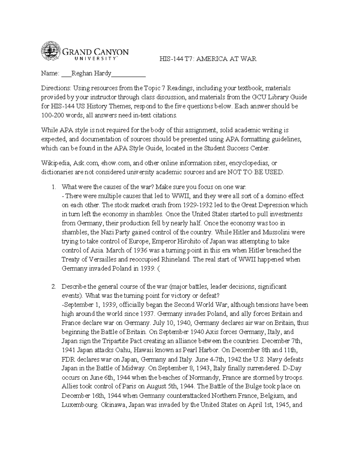 America at War - HIS-144 T7: AMERICA AT WAR Name: Reghan Hardy ...