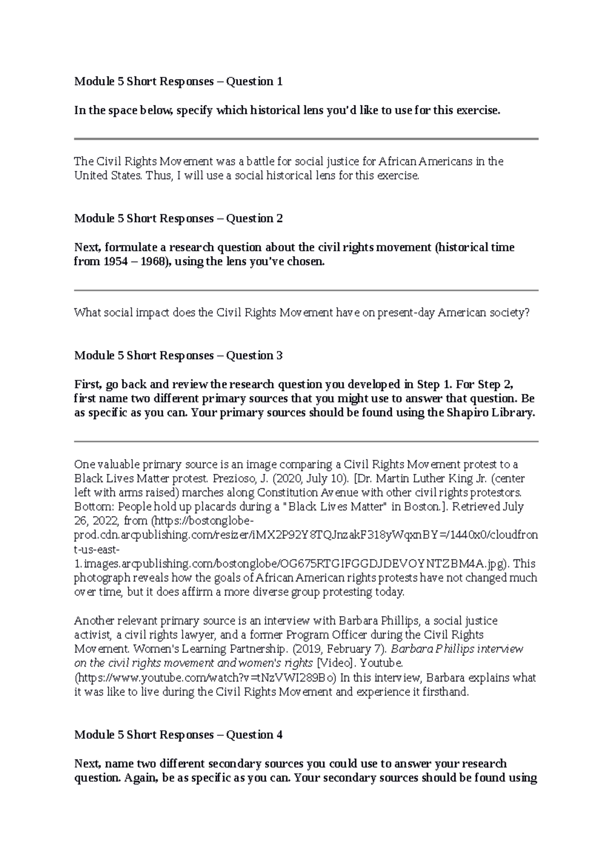 Module Five Short Responses - The Civil Rights Movement was a battle ...