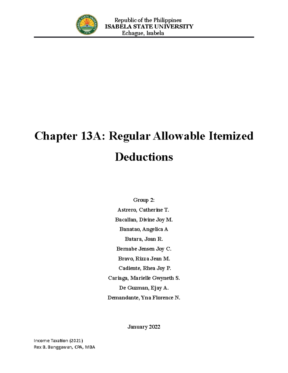 Chapter 13A Regular Allowable Itemized Deductions - ISABELA STATE UNIVERSITY Echague, Isabela ...