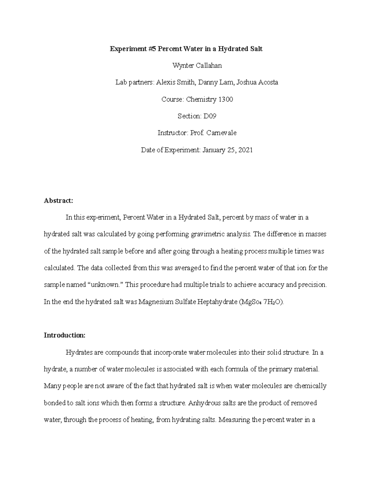 Biology 2 Lab Report Experiment 5 Percent Water in a Hydrated Salt ...