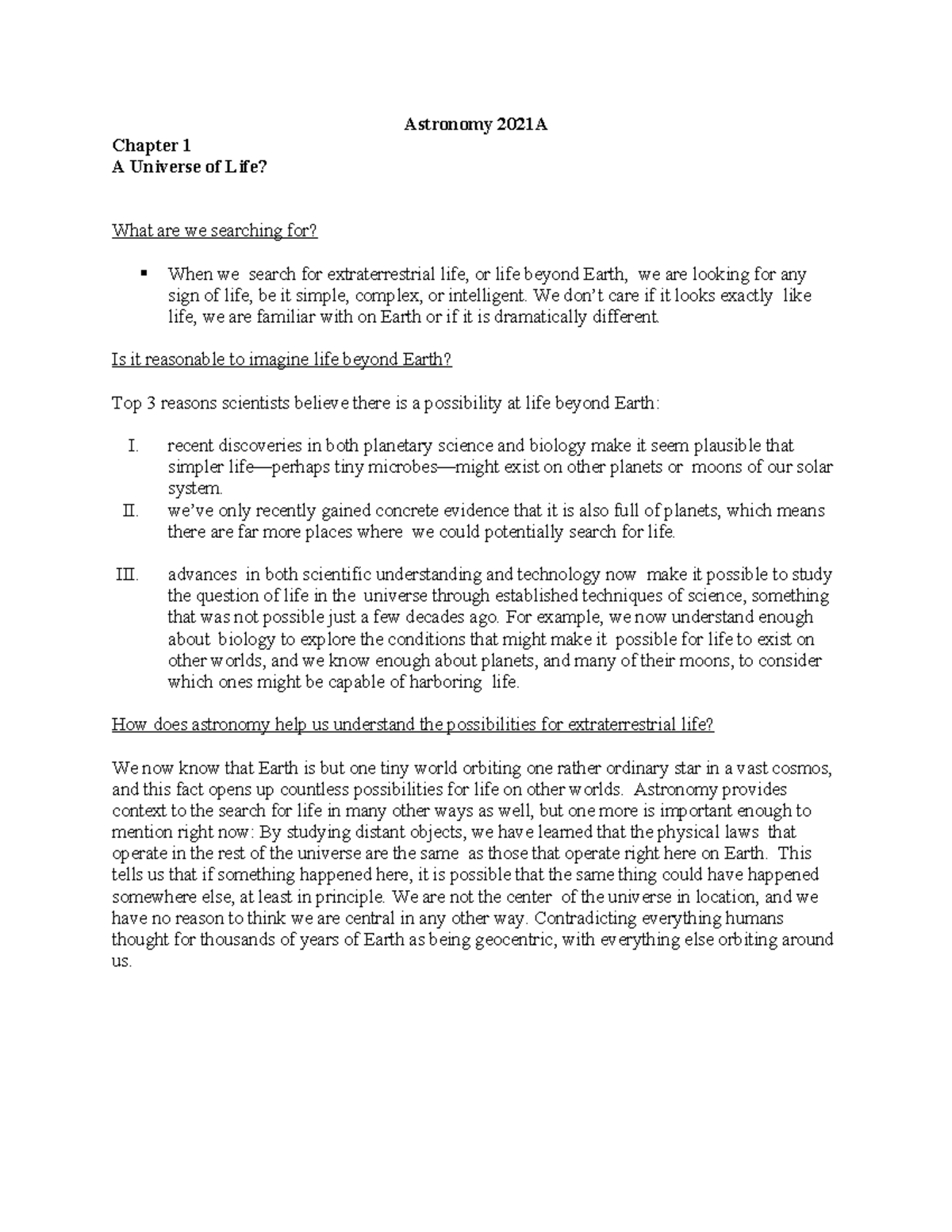 Astronomy 2021A - notes - Astronomy 2021A Chapter 1 A Universe of Life ...