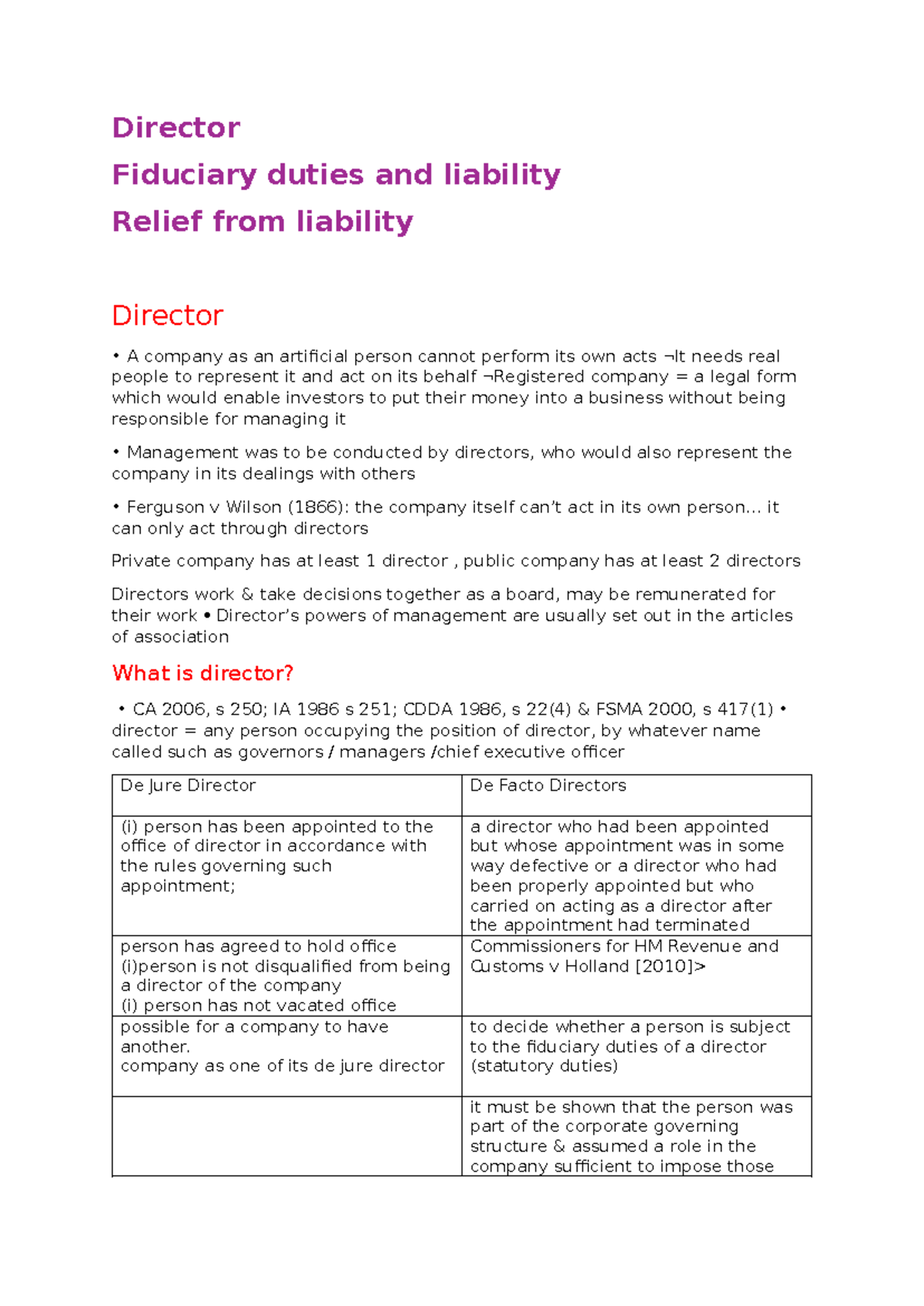 Lecture 4 director 1 - Director Fiduciary duties and liability Relief from liability Director ...