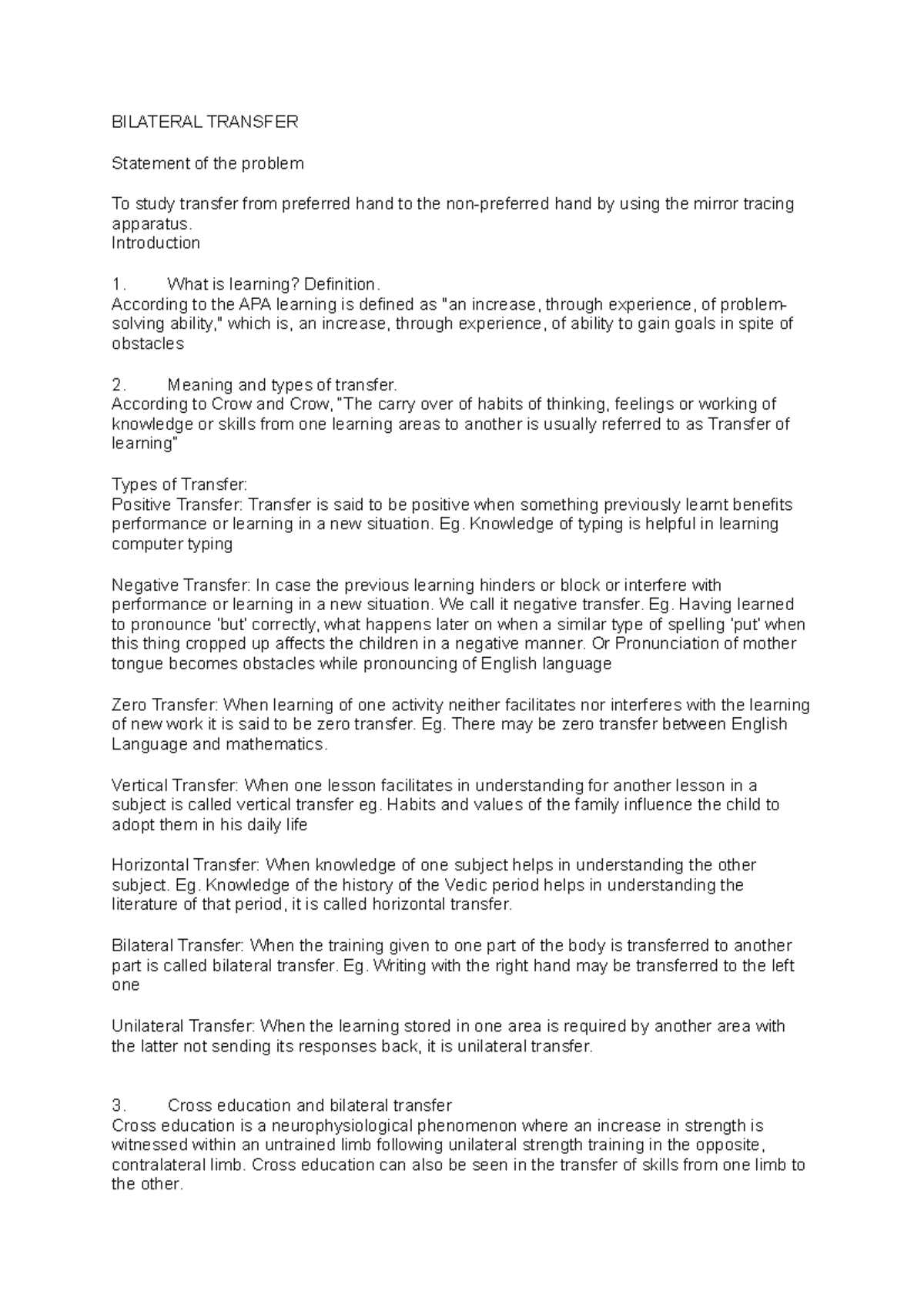 Bilateral Transfer - BILATERAL TRANSFER Statement of the problem To ...