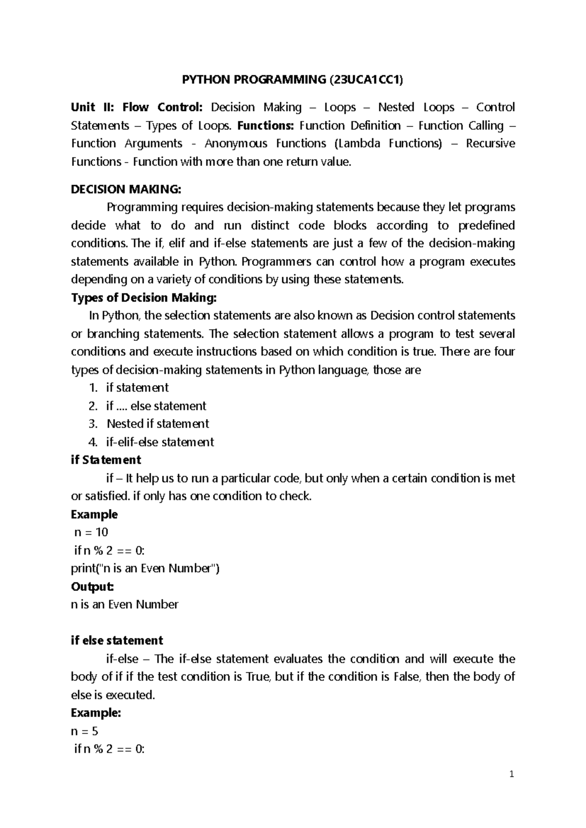 Python - Unit-II - Good - PYTHON PROGRAMMING (23UCA1CC1) Unit II: Flow ...