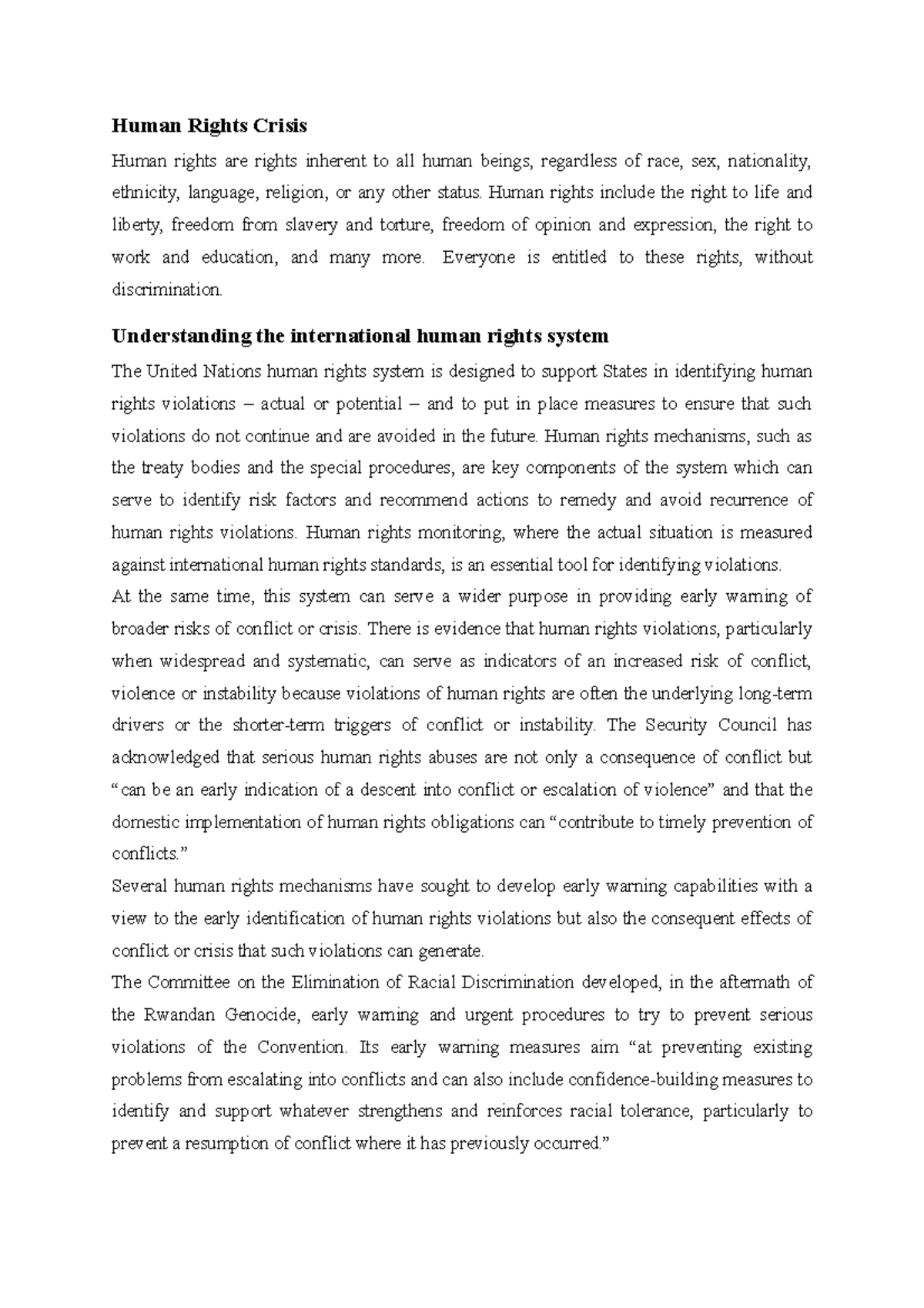 Assingment - Human Rights Crisis Human rights are rights inherent to ...