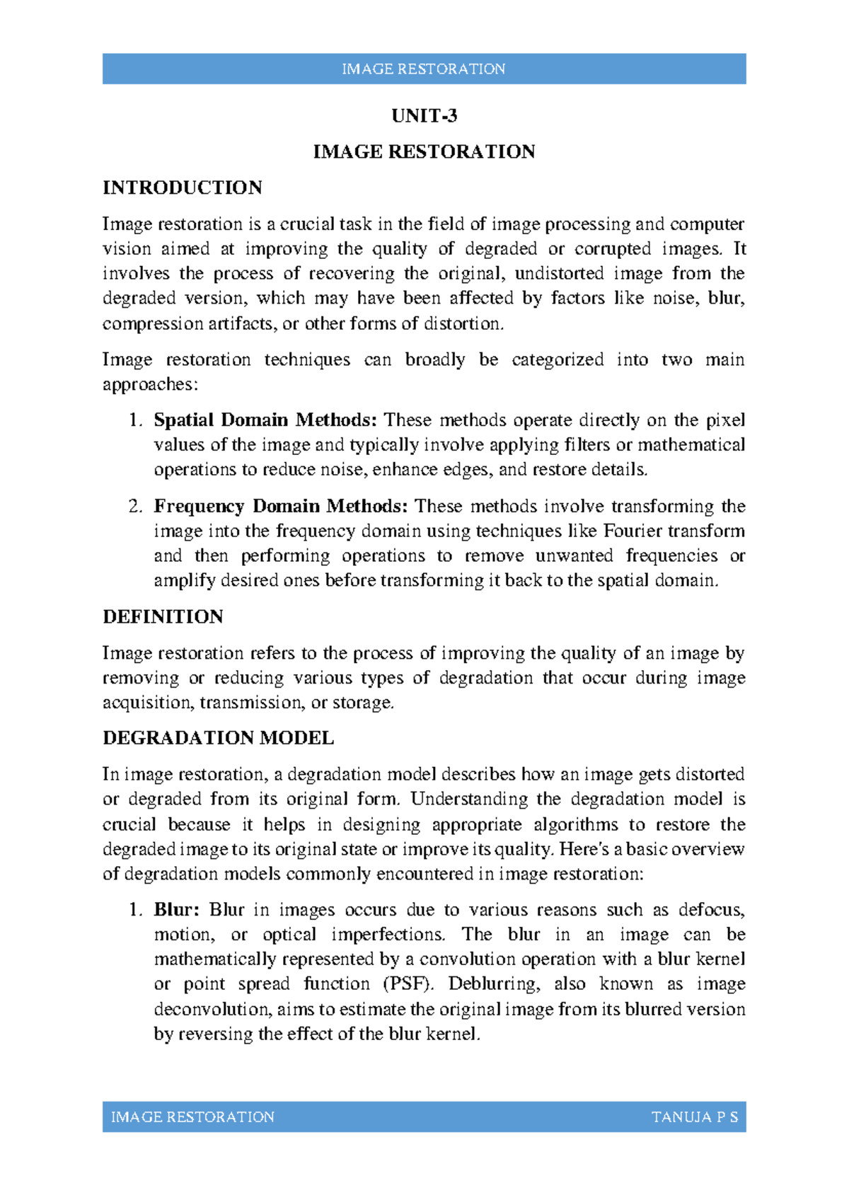 DIP 3 - DIGITAL IMAGE PROCESSING - UNIT- 3 IMAGE RESTORATION ...