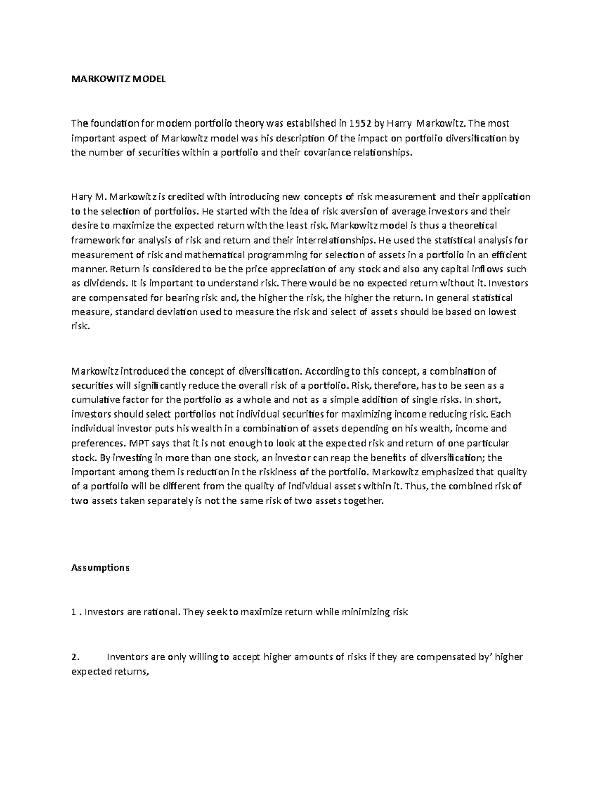 Markowitz Model - Business studies - MARKOWITZ MODEL The foundation for ...