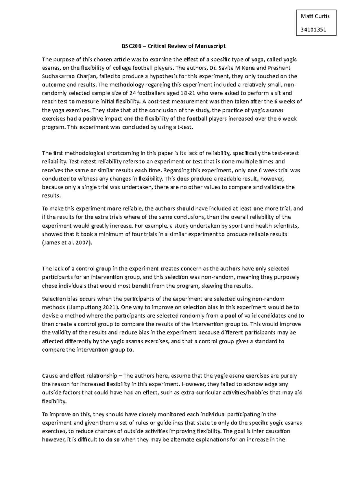 BSC206 - manuscript review - BSC206 – Critical Review of Manuscript The ...