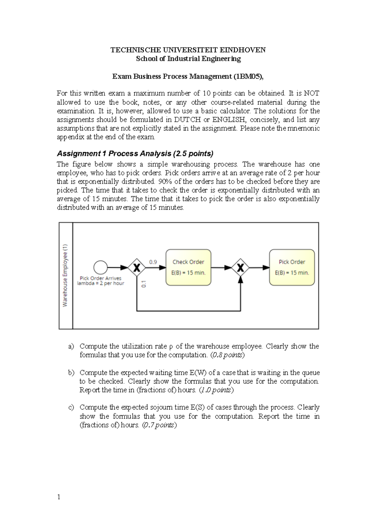 Example Exam 1 - Solutions - TECHNISCHE UNIVERSITEIT EINDHOVEN School ...