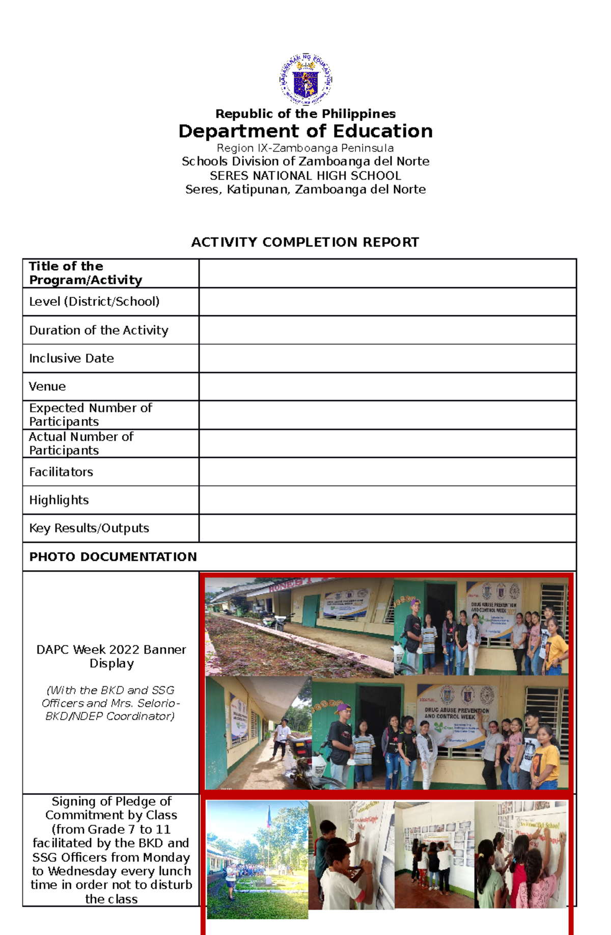 Activity Completion Report Es P Rollout Sinuyak - Republic of the ...