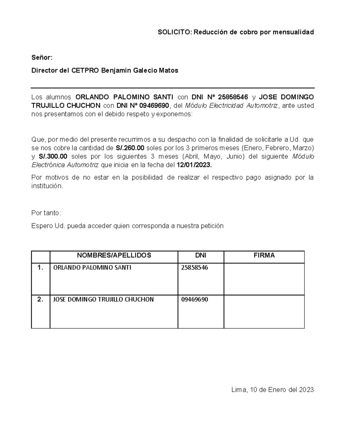 Solicitud DE Descuento Gamor - SOLICITO: Reducción de cobro por ...
