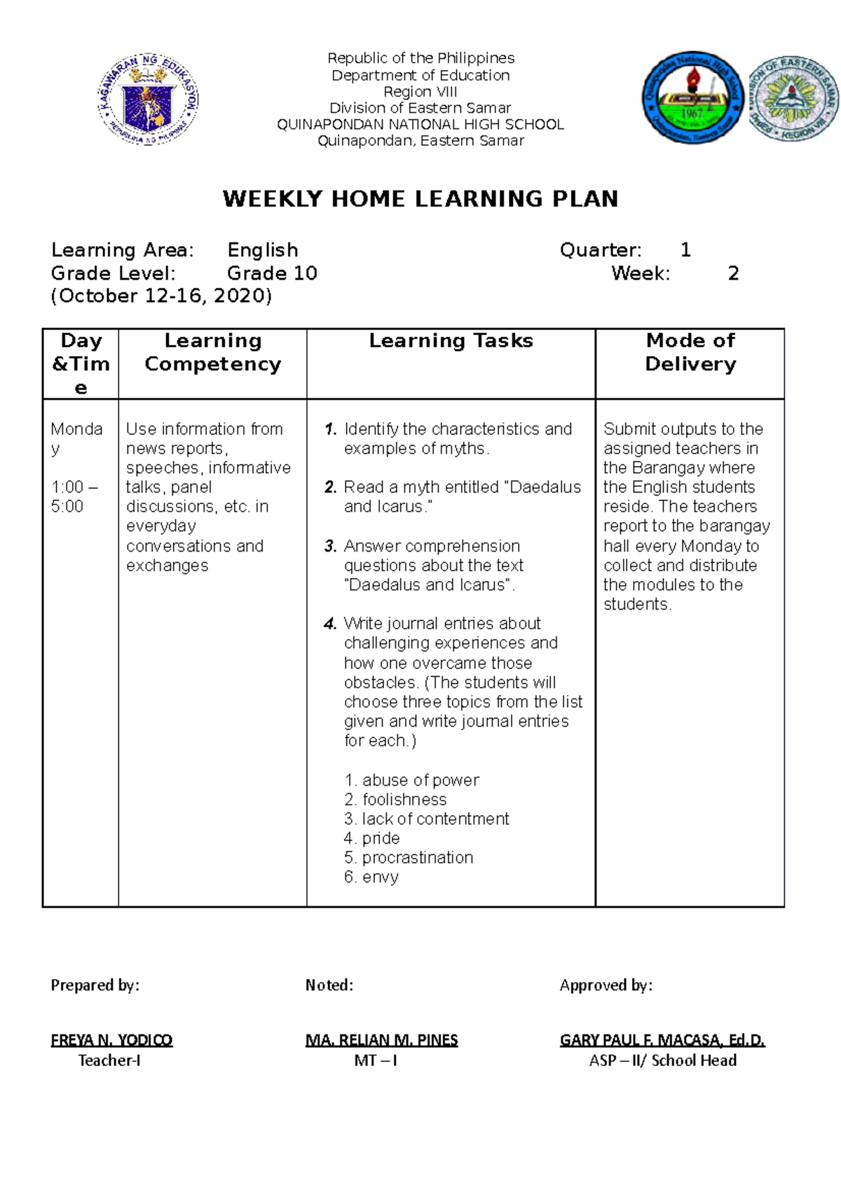 Weekly Learning Plan WEEK 1 - Republic of the Philippines Department of ...